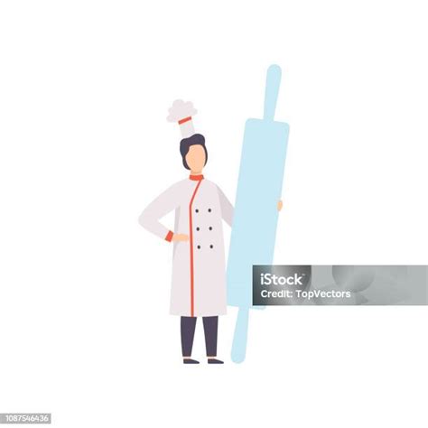 롤링 핀 베이커 유니폼 흰색 배경에 부엌 도구 벡터 그림을 들고 서 요리사 요리사 가사 집안일에 대한 스톡 벡터 아트 및 기타 이미지 가사 집안일 가정 주방 가정의
