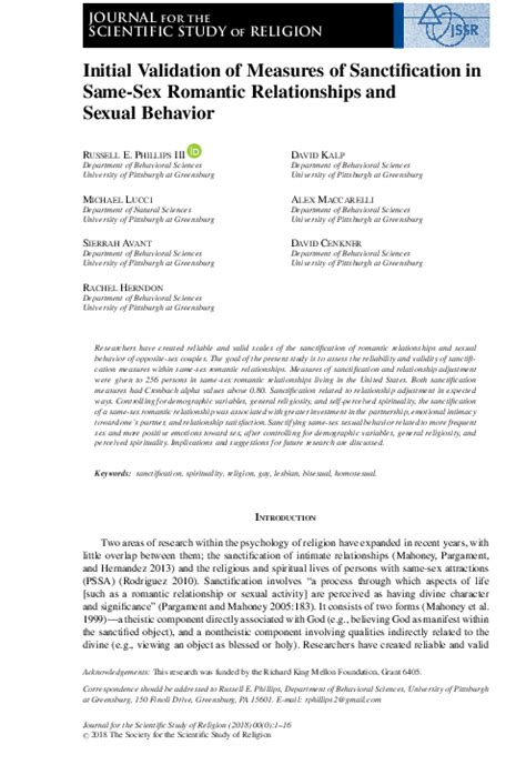 Pdf Initial Validation Of Measures Of Sanctification In Same Sex