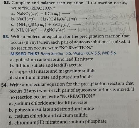 52 Complete And Balance Each Equation If No