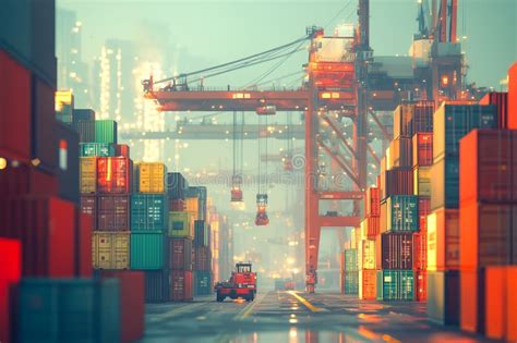 Container Port Operations Urban Harbor Industrial Scene Dawn Light Stock Image Image Of