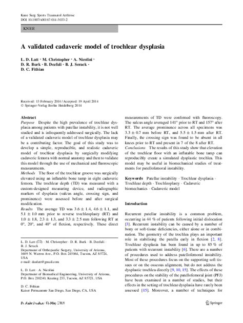Pdf A Validated Cadaveric Model Of Trochlear Dysplasia