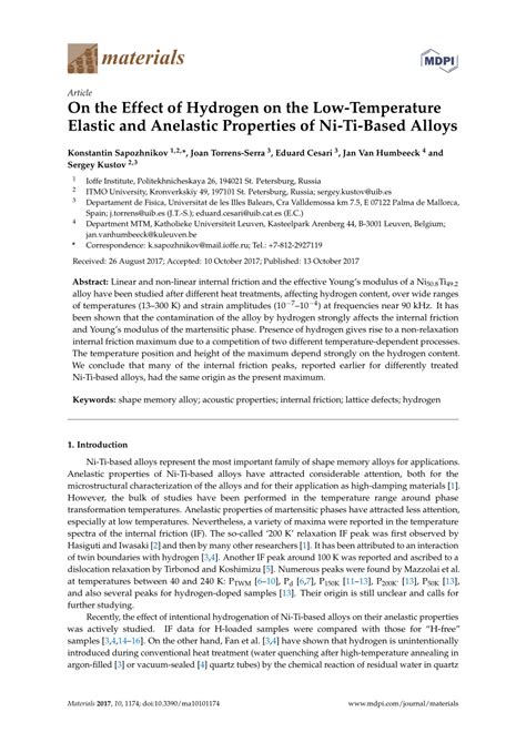 Pdf On The Effect Of Hydrogen On The Low Temperature Elastic And Anelastic Properties Of Ni Ti