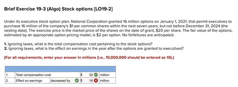 Solved Brief Exercise 19 3 Algo Stock Options LO19 2 Chegg Com