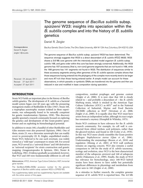 Pdf The Genome Sequence Of Bacillus Subtilis Subsp Spizizenii W23 Insights Into Speciation