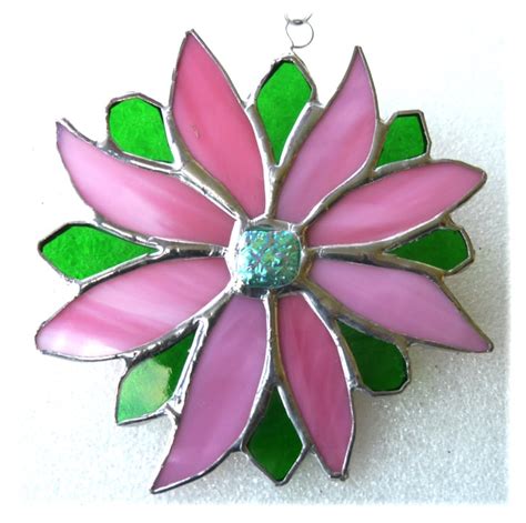 Pink Flower Stained Glass Suncatcher Green Bright Folksy