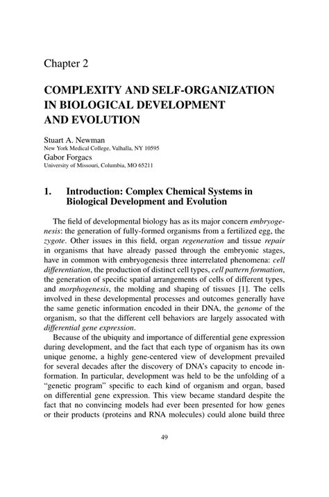 Pdf Complexity And Self Organization In Biological Development And