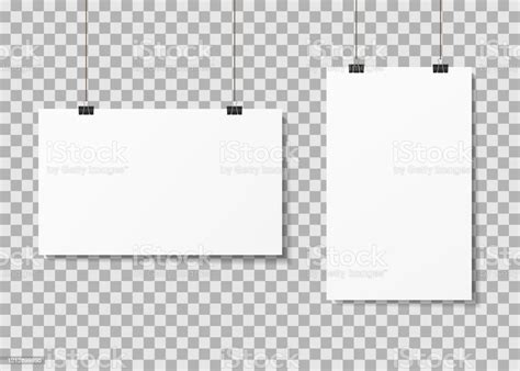 그림자가 있는 바인더 클립에 매달려 있는 백서 포스터 빈 종이 를 비워 모의 수직 수평 템플릿 전단지 시트 투명 배경에 프레임 흰색 포스터 보드 갤러리 벡터 가까운에 대한