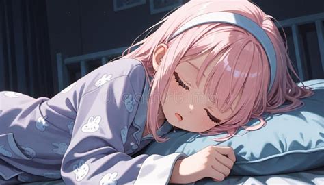 Pink Haired Anime Girl Sleeping Peacefully In Bed Stock Illustration