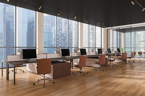 여러 워크스테이션과 컴퓨터가 있는 현대적인 개방형 사무실 공간 도시 건물을 보여주는 대형 창문 생산성 및 작업 환경의 개념 3d 렌더링 0명에 대한 스톡 사진 및 기타