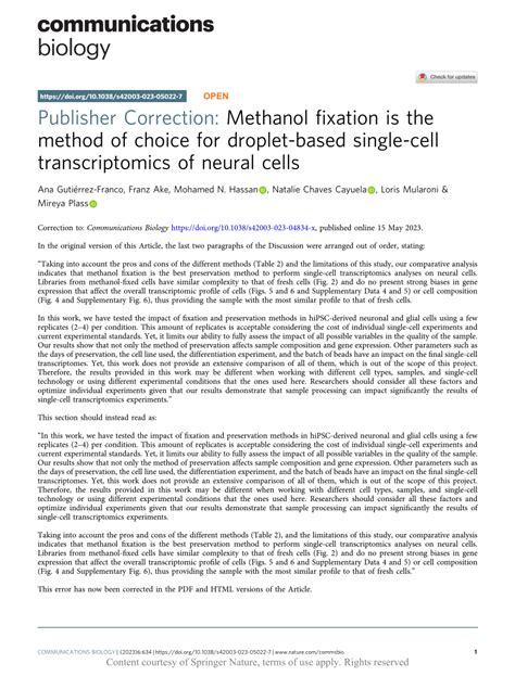 Pdf Publisher Correction Methanol Fixation Is The Method Of Choice For Droplet Based Single