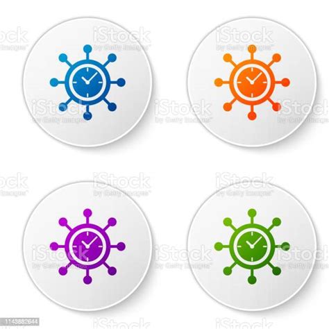 컬러 시계 및 기어 아이콘 흰색 배경에 고립 시간 관리 기호입니다 비즈니스 개념입니다 허브 및 스포크 및 시계 솔리드 아이콘입니다 원 버튼의 색상 아이콘을 설정 합니다 벡터