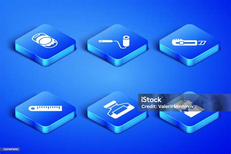 찢어진 문서 페인트 양동이 잉크 병 눈금자 롤러 브러시 및 문구 칼 아이콘을 설정합니다 벡터 3차원 형태에 대한 스톡 벡터 아트 및 기타 이미지 Istock