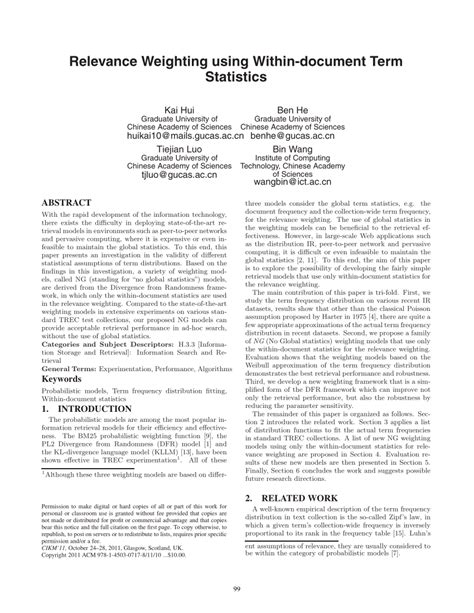 Pdf Relevance Weighting Using Within Document Term Statistics