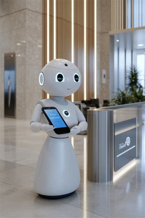 Sophisticated Humanoid Robot With Tablet Computer Navigates A Modern Sophisticated Humanoid Robot With Tablet Computer Navigates A Modern