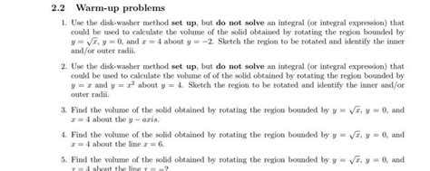 solved 2 2 warm up problems 1 use the disk washer method