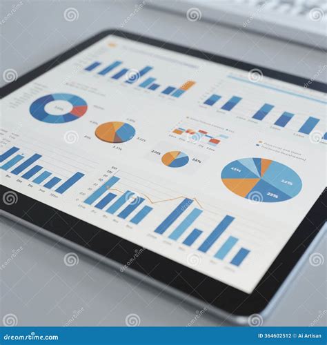 Tablet Displaying Data Visualizations Including Bar Pie And Line Charts The Charts Stock