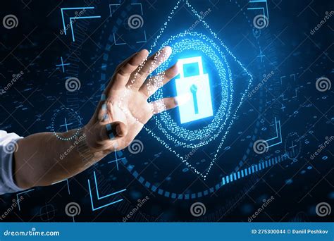 Close Up Of Businessman Hand Using Glowing Padlock Interface On