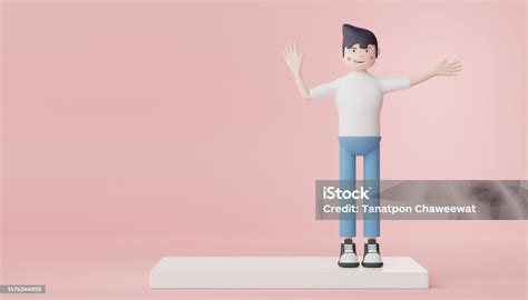 3d 렌더링 흰색 티셔츠 청바지 검은색 운동화를 신은 남성의 캐릭터 모형 및 웹 배너를 위한 최소한의 장면 웃고 있는 똑똑한 사람들의 초상화 3차원 형태에 대한 스톡 사진