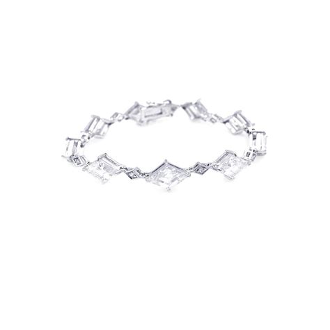 Sterling Silver Rhodium Plated Diamond Shape Clear Cz Link Bracelet