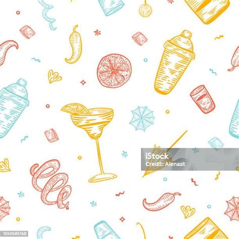 완벽 한 칵테일 파티 패턴 벡터 디자인 안경 동영상 레몬 다채로운 알코올 낙서 조각 손 흰색 바탕에 그림을 그려 마르가리타에 대한 스톡 벡터 아트 및 기타 이미지 Istock