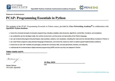 🎓 Delighted To Share That Ive Earned My Programming Essentials In Python Certificate From Cisco