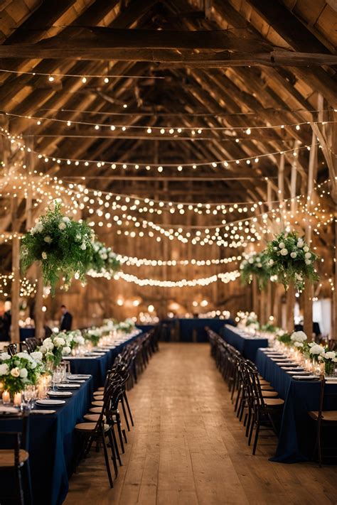 Rustic Wedding Reception With Navy Blue Decor And Greenery Navy Blue