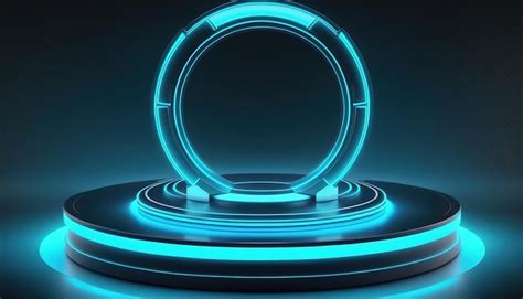 미래 포털 공상 과학 연단 받침대 플랫폼 현대 빈 사이버 펑크 공간 기술적 배경 프레젠테이션 제품 Ai를 위한 Skyfi 디지털 하이테크 요소 프리미엄 사진