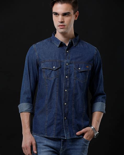 Mens Slim Fit Solid Denim Casual Shirt Amlet Temple Of Denim