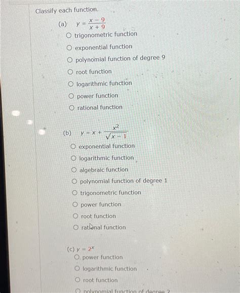 Solved Classify Each Function A Y X 9x 9 Trigonometric Chegg Com