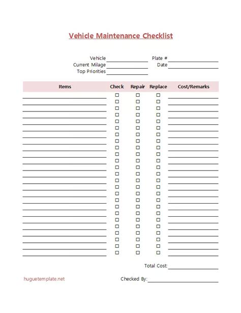Vehicle Maintenance Checklist Template Maintenance Checklist
