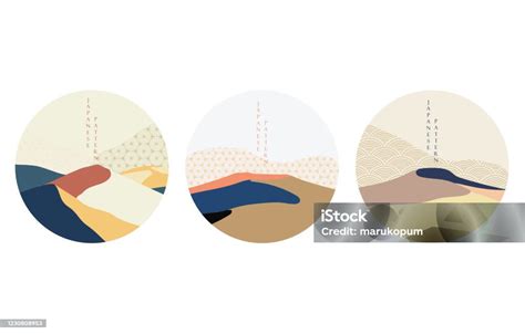 아트 풍경 요소 로고 디자인의 집합입니다 산림 색의 형태와 일본식 패턴 벡터입니다 기하학적 모양의 추상 배너입니다 아시아