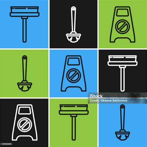 세트 라인 스퀴지 스크레이퍼 와이퍼 젖은 바닥 및 진행 중인 청소 및 화장실 브러시 아이콘 벡터 경계 표지에 대한 스톡 벡터 아트 및 기타 이미지 Istock