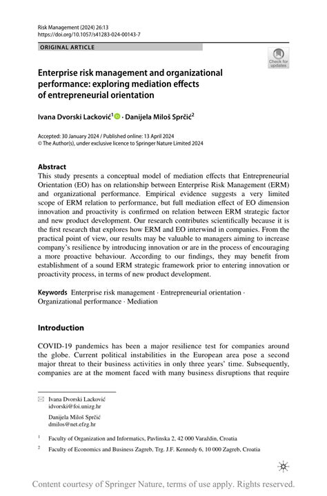 Enterprise Risk Management And Organizational Performance Exploring Mediation Effects Of
