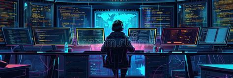 A Lone Hacker Focuses Intently On Multiple Computer Screens In A Dimly Lit Room Engaged In