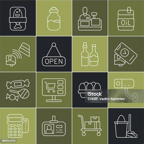 걸레와 양동이 보안 카메라 Pos 단말기 금전 등록기 계산원 열린 간판 신용 카드 생선 플라스틱 트레이 용기 및 위스키 병 아이콘을 설정합니다 벡터 금융에 대한 스톡 벡터