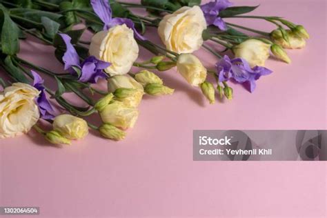 분홍색 배경에 밝은 노란색 유스토마와 라일락 클레마티스의 꽃다발 로맨틱 한 결혼식 배경 공간을 복사하고 닫습니다 꽃 도라지에 대한 스톡 사진 및 기타 이미지 Istock