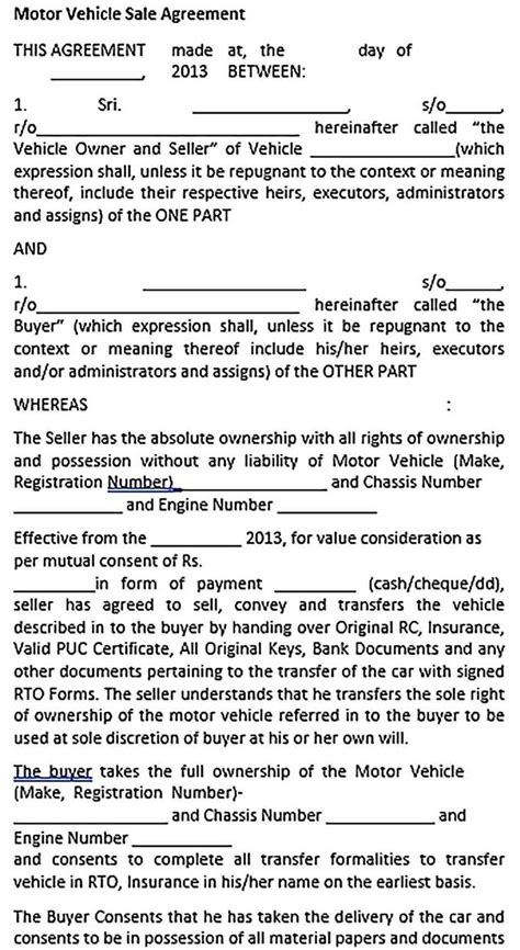 Car Sale Agreement Template Sample Motor Vehicle Sale Agreement