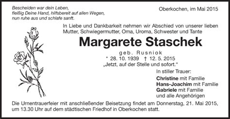 Traueranzeigen Von Margarete Staschek Ostalbtrauer