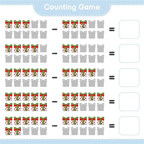 카운팅 게임 선물 상자의 수를 세고 결과를 쓰세요 교육 어린이 게임 인쇄용 워크시트 벡터 일러스트 레이 션 프리미엄 벡터
