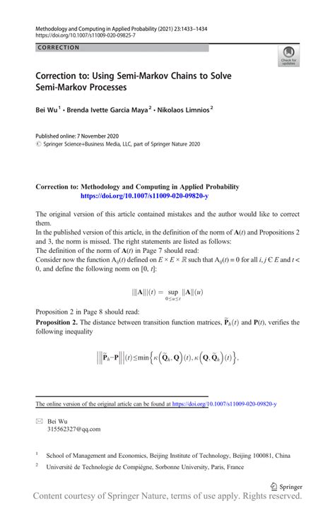 Correction To Using Semi Markov Chains To Solve Semi Markov Processes