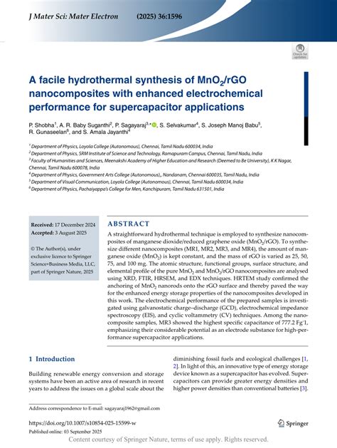 A Facile Hydrothermal Synthesis Of Mno2 Rgo Nanocomposites With Enhanced Electrochemical