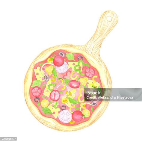손으로 그린 수채화 피자 토마토 피클 고추 올리브 나무 보드에 흰색 배경에 고립되어 있습니다 라벨 카드 스크랩북 및 기타 인쇄 제품에 사용할 수 있습니다 갈색에 대한 스톡