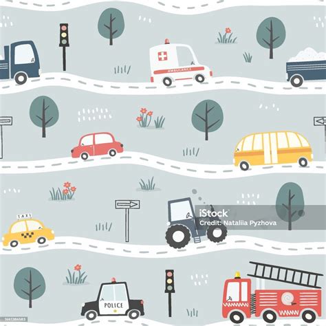자동차와 교통 표지판이 있는 매끄러운 패턴 도로와 교통 수단이 있는 어린이 도시 지도 스칸디나비아 문화에 대한 스톡 벡터 아트