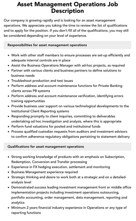 Asset Management Operations Job Description Velvet Jobs