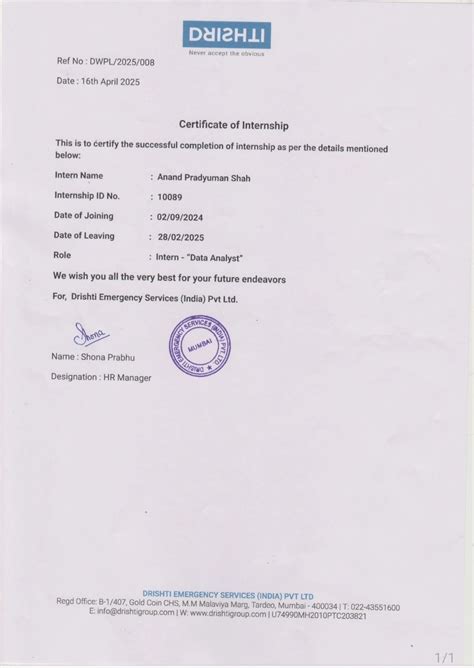 Successfully Completed A Data Analyst Internship At Drishti Works Anand Shah