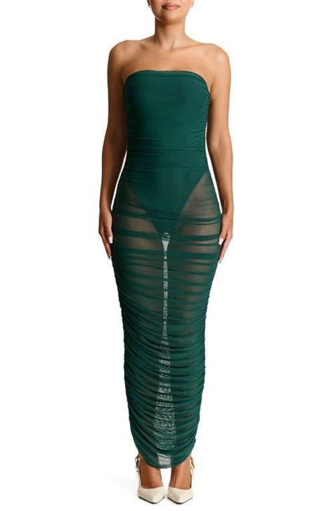 Naked Wardrobe Shirred Strapless Mesh Maxi Dress In Green Lyst
