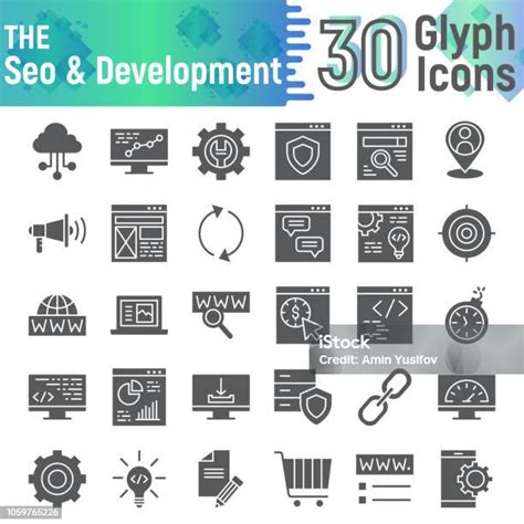 서 장 훈과 개발 글리프 아이콘 설정 최적화 기호 컬렉션 벡터 스케치 로고 삽화 기술 표지판 고체 무늬 패키지에 고립 된 백색