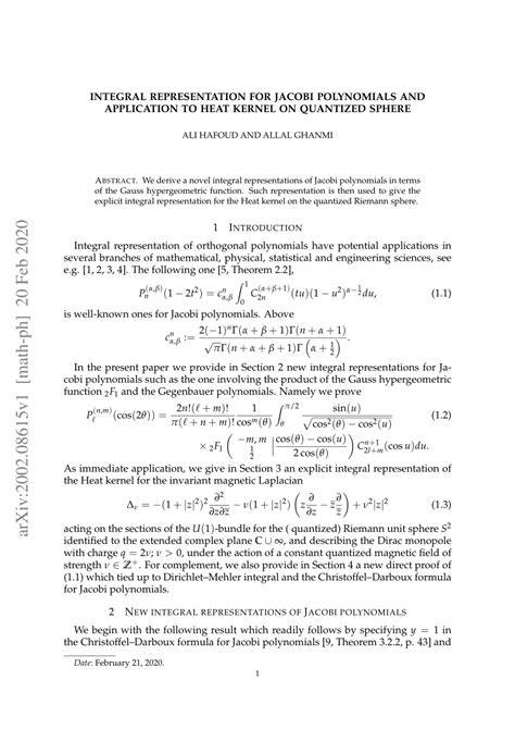 Pdf Integral Representation For Jacobi Polynomials And Application To Heat Kernel On Quantized