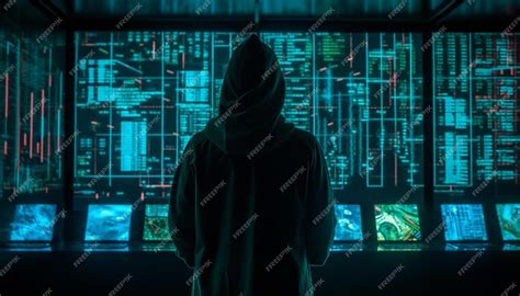 Premium Ai Image One Person Hooded Thief Uses Technology For Computer Crime At Night Generated