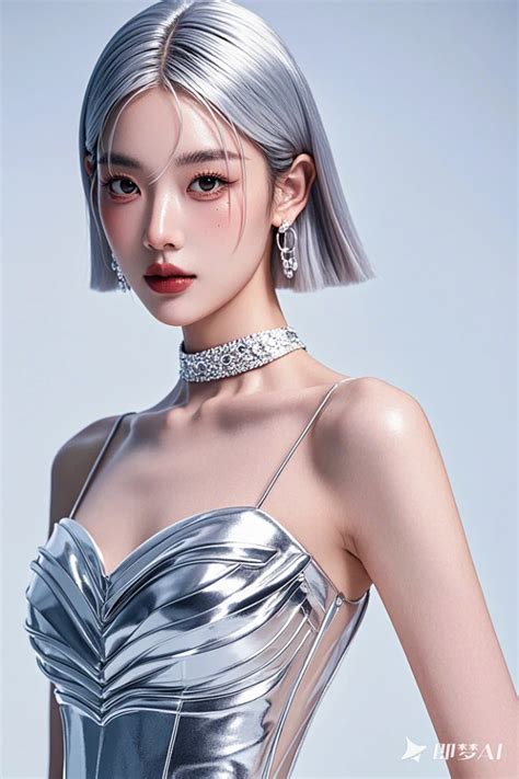 美丽的中国模特，面部细节完美，银色短发，人物细节精致，标准全身形象照，礼服裙，干净的背景，全景半身，大光圈，细腻的光泽，8k渐，变半透明玻璃融化 2 图片 模特图片素材 花瓣网